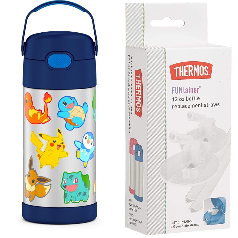 THERMOS FUNTAINER 12 Ounce Stainless Steel Vacuum Insulated Kids Straw Bottle, Pokemon and Thermos Replacement Straws