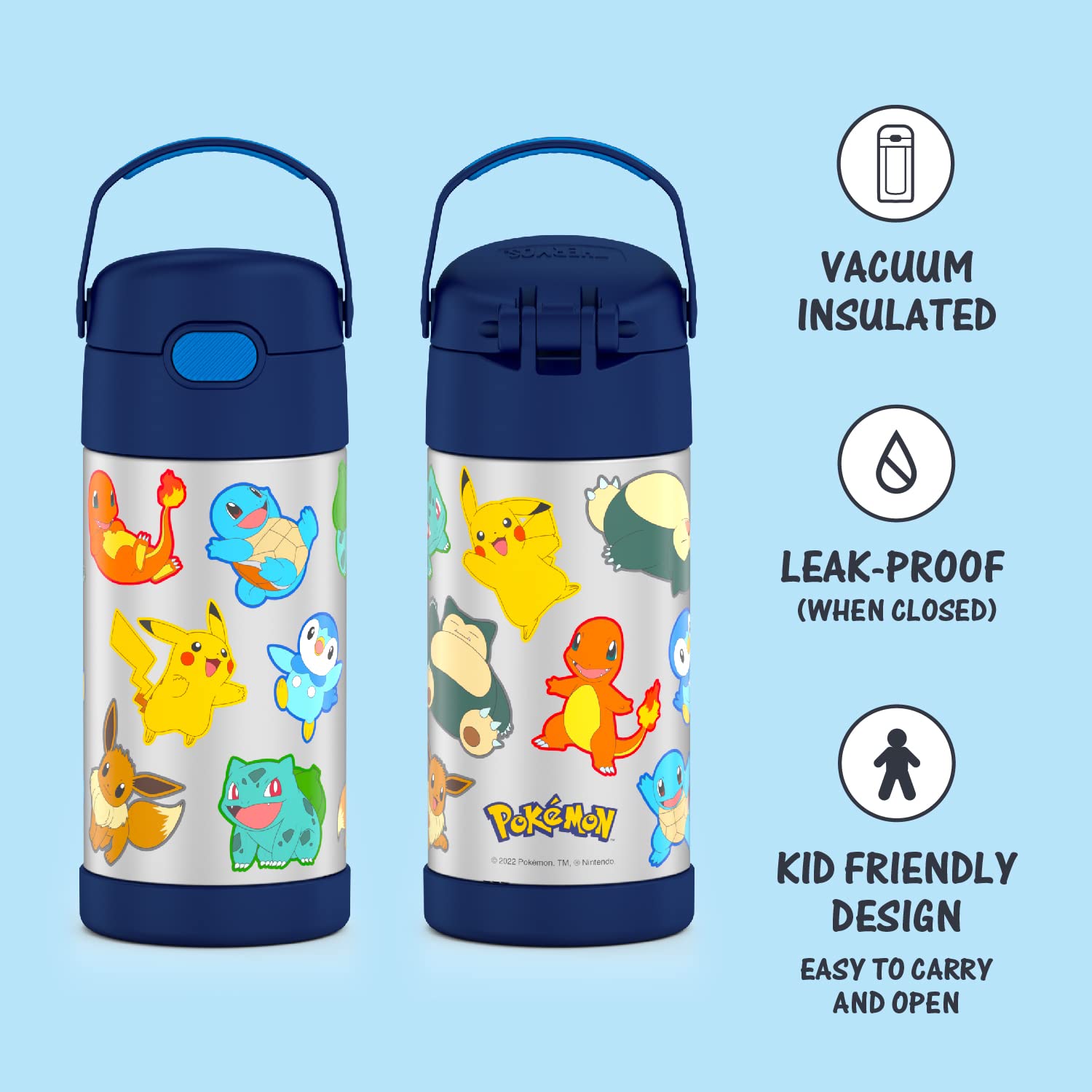 THERMOS FUNTAINER 12 Ounce Stainless Steel Vacuum Insulated Kids Straw Bottle, Pokemon and Thermos Replacement Straws