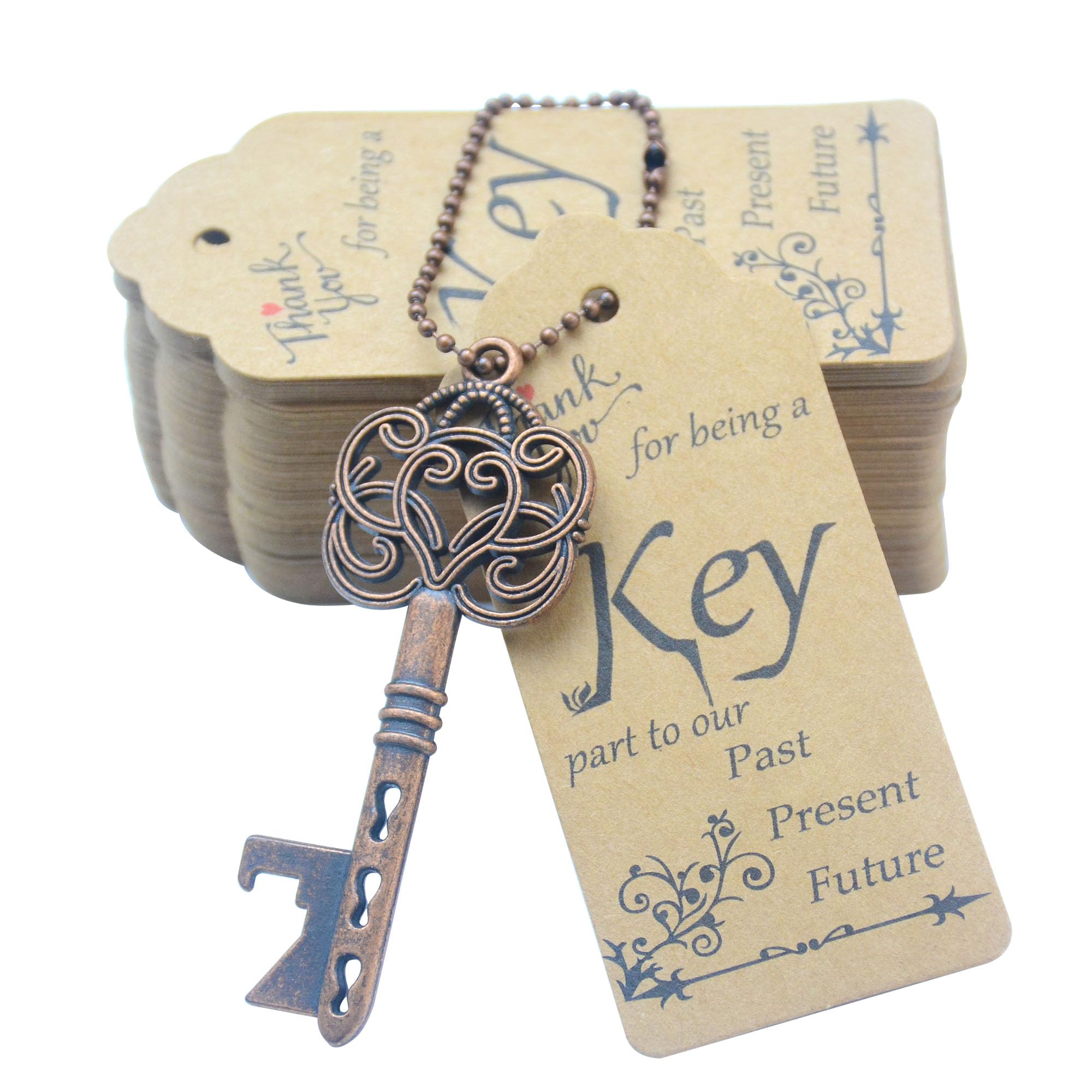 Makhry 52pcs Vintage Skeleton Key Bottle Opener Wedding Party Favor Guest Souvenir Gift Set with Tag Card and Keychain(Antique Copper)