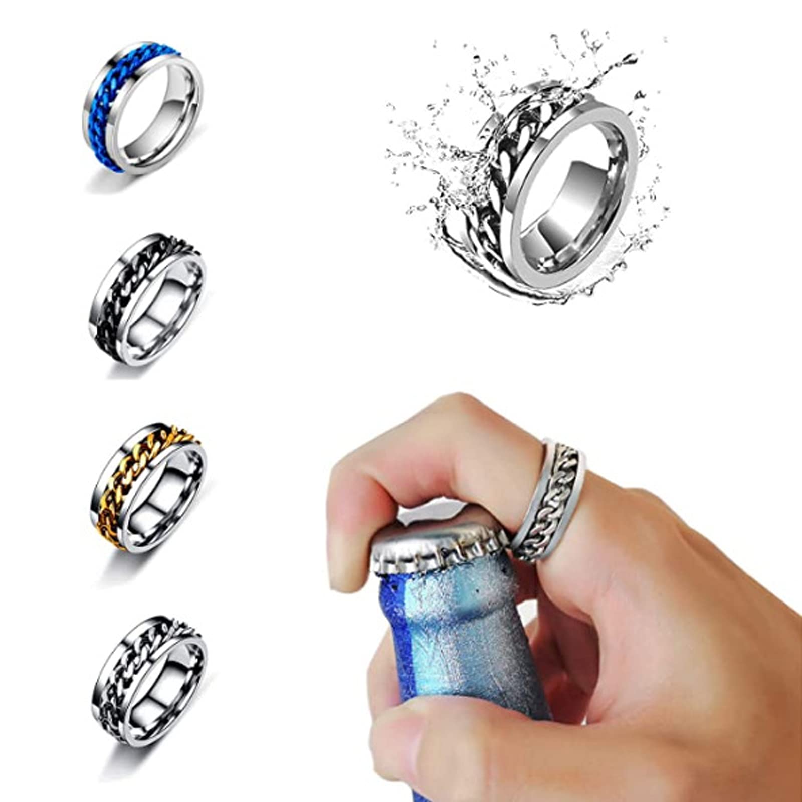 COLORFUL BLING 2 Pieces Rings Bottle Opener, Stainless Steel Beer Bottle Opener, Spinner Chain Thumb Finger Ring, Cool Creative Men Women Bottle Opener for Family Party Gift Supplies-silver10