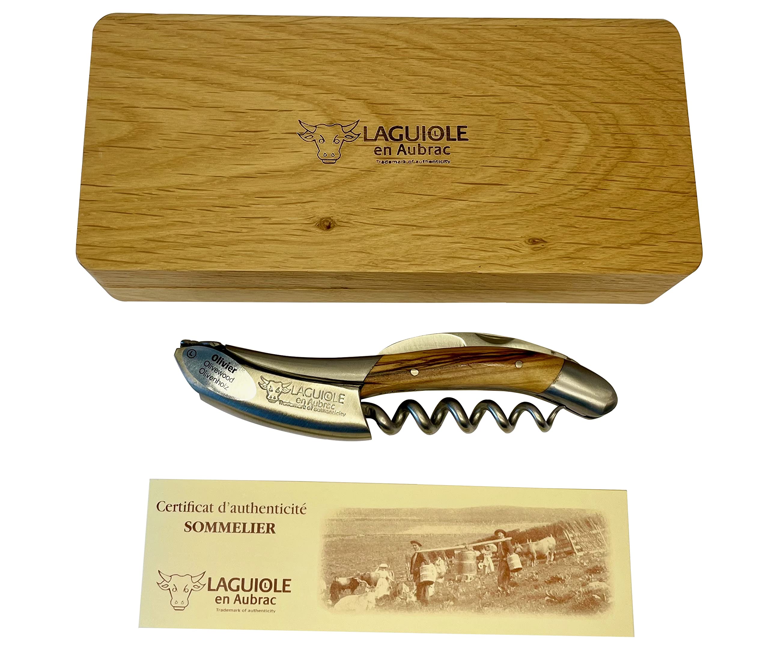 Laguiole En Aubrac Sommelier Waiter's Corkscrew, Olivewood Handle, Wine Opener With Foil Cutter & Bottle Opener, Brushed Bolster