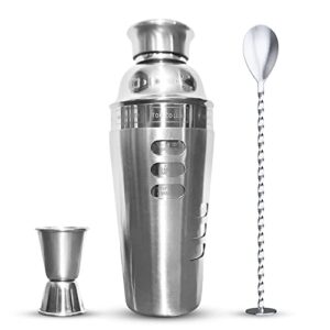 stainless steel cocktail shaker set | 3-piece | anti-smudge martini drink mixer bar set with mixing spoon, 24 oz cocktail drink shaker with jigger for bartending | solid bartender kit | leak proof