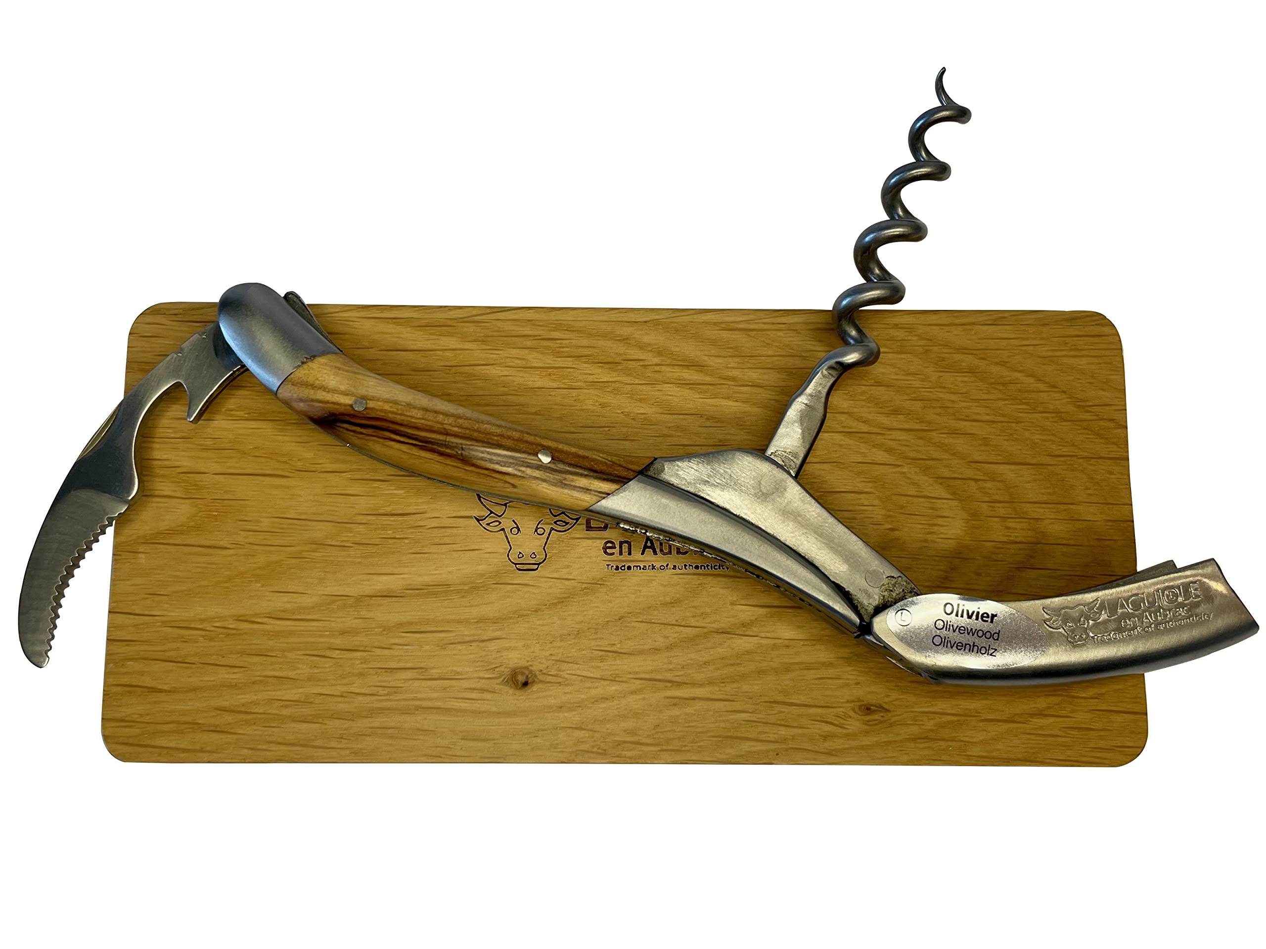 Laguiole En Aubrac Sommelier Waiter's Corkscrew, Olivewood Handle, Wine Opener With Foil Cutter & Bottle Opener, Brushed Bolster