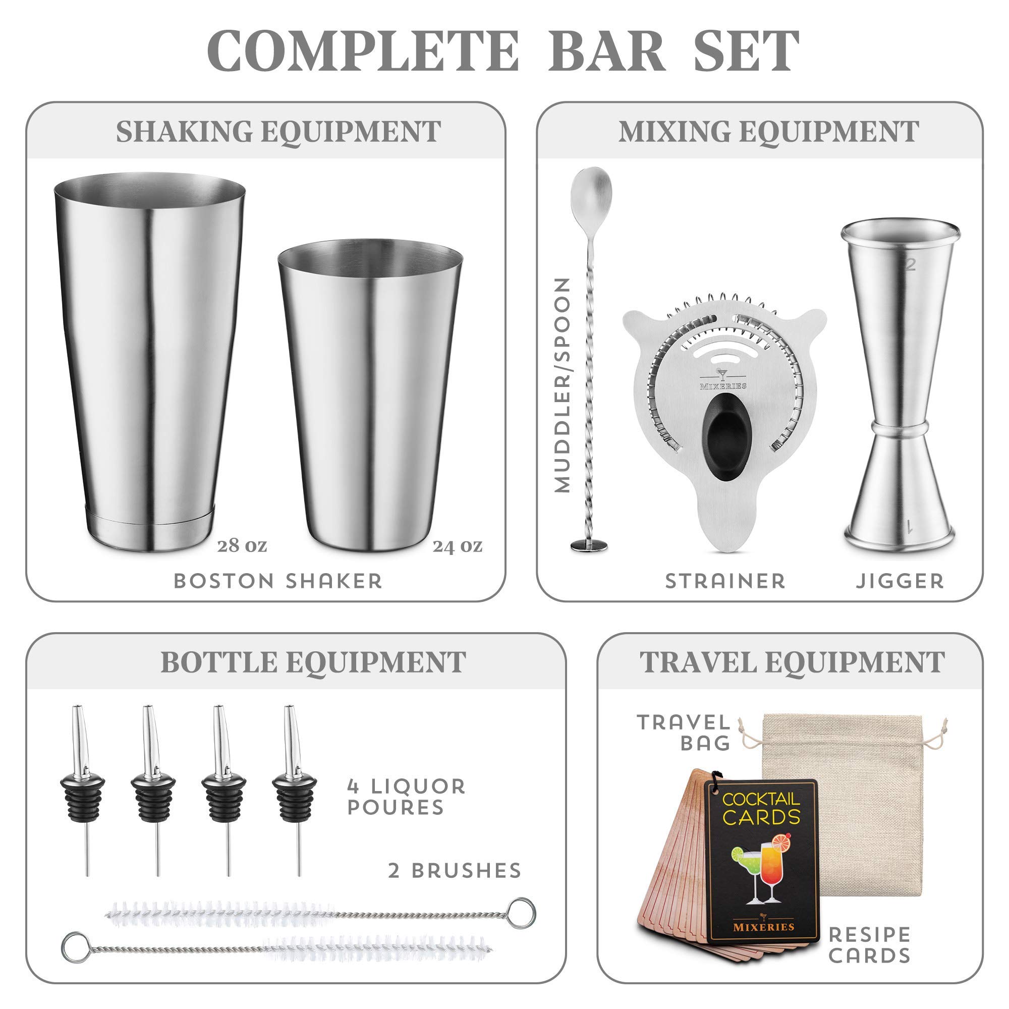 Boston Shaker Set Bartender Kit - 13 Piece Bar Set Cocktail Shaker Set - Drink Mixer for Home Bar with All Bar Accessories - Bar Tools: Cocktail Shaker, Jigger, Cocktail Strainer, Bar Spoon, Pourers.