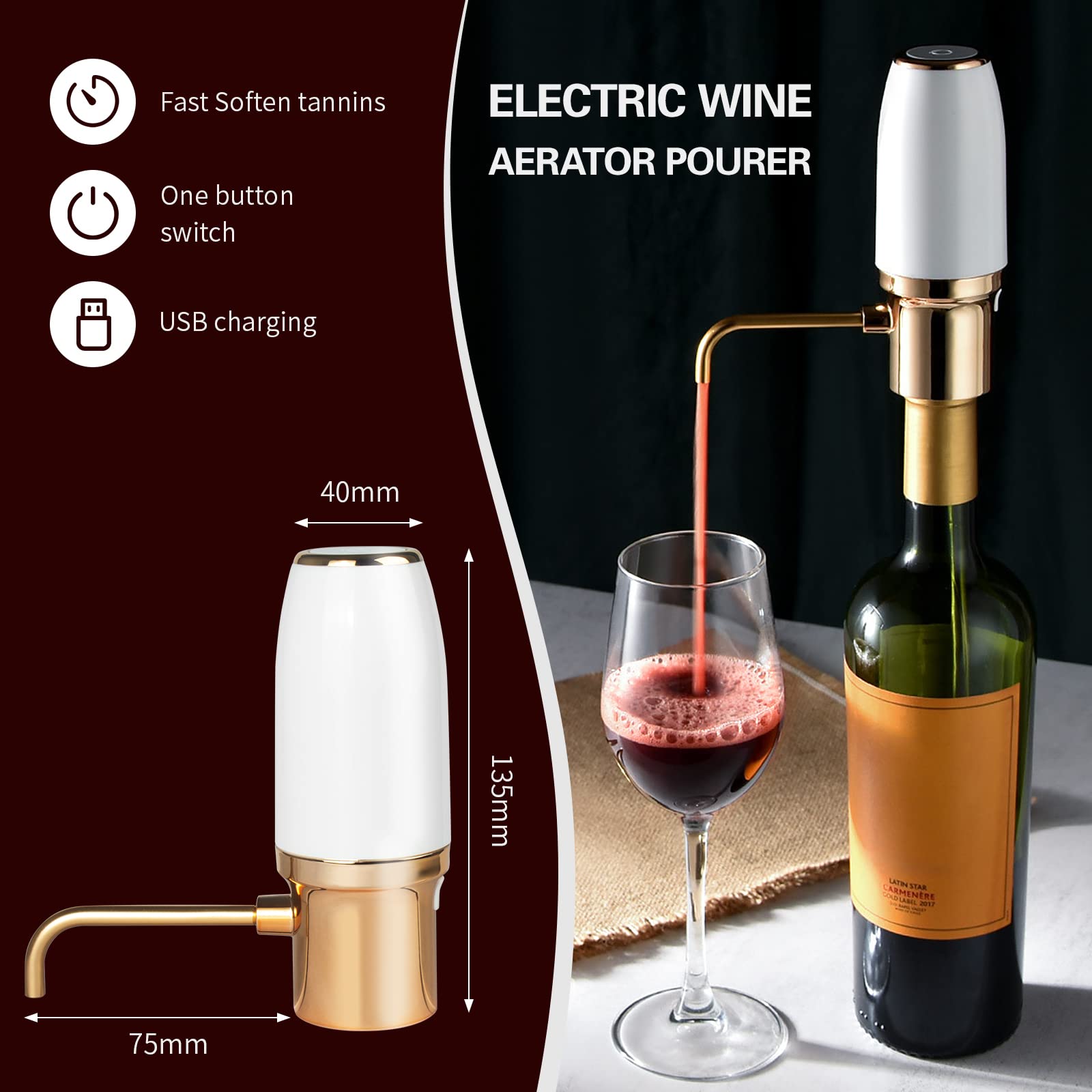 Electric Wine Aerator, Wine Accessories Aeration for Beginner Enthusiast, Wine Aerator Pourer Spout, Wine Gifts, Wine Dispenser with USB Rechargeable for Travel, Home, Bar