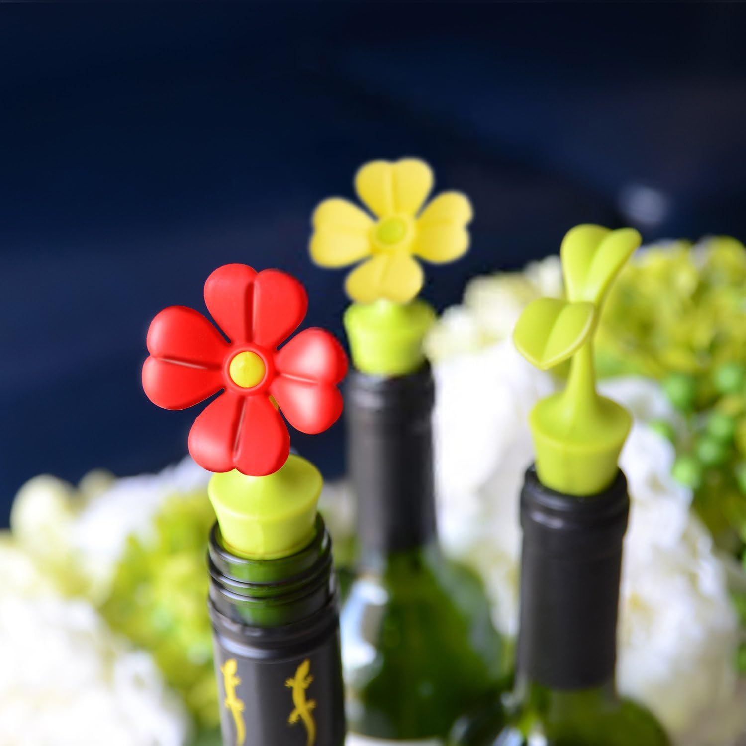 Grand Oasis Wine Bottle Stopper, Wine Corks Saver Sealer, Set of 5 as Wine Gifts, Silicone Flowers