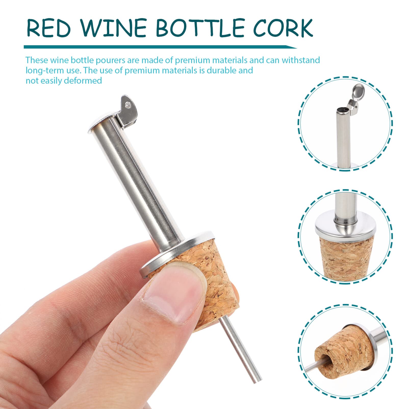 Tofficu 6Pcs Stainless Steel Wine Pourer Liquor Pour Spouts Set Cork Design Wine Bottle Stoppers with Dust Caps for Wine Olive Oil Coffee Vinegar Bottles