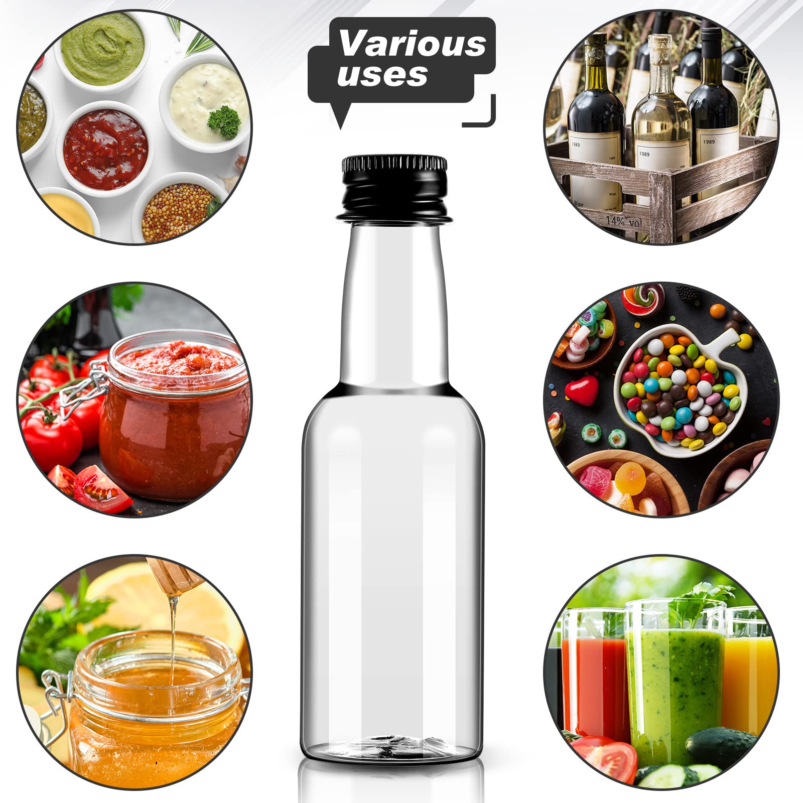 75 Pcs 1.7 Oz Mini Liquor Bottles Plastic Empty Spirit Bottle with Black Screw Cap Mini Wine Bottles Hot Sauce Bottles Shot Bottles with Caps