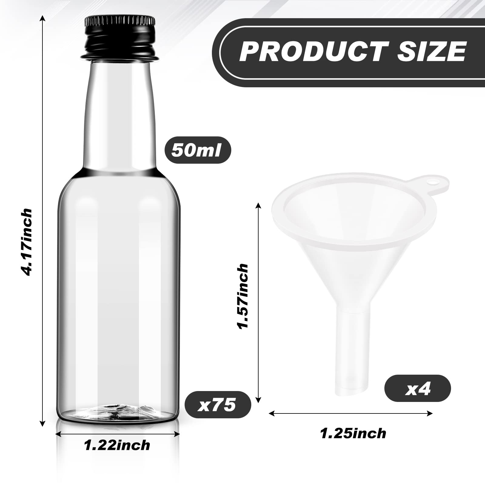 75 Pcs 1.7 Oz Mini Liquor Bottles Plastic Empty Spirit Bottle with Black Screw Cap Mini Wine Bottles Hot Sauce Bottles Shot Bottles with Caps