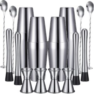 16 Pieces Cocktail Shaker Set Including 4 Pcs Boston Shaker 4 Pcs Muddler 4 Pcs Double Measuring Jigger 4 Pcs Mixing Spoon Stainless Steel Bartender Kit Bar Accessories for Home Bar Wine Lovers Gift