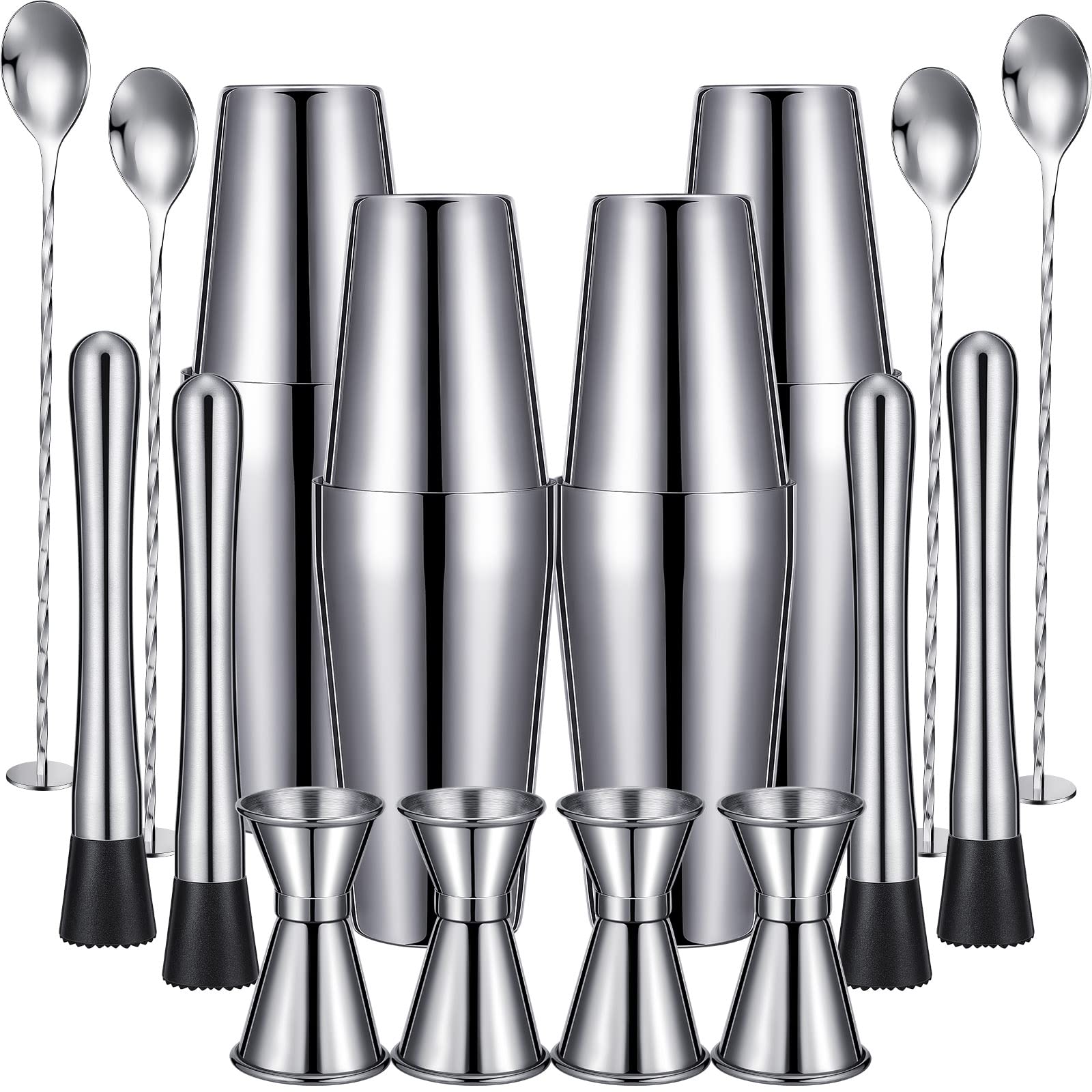 16 Pieces Cocktail Shaker Set Including 4 Pcs Boston Shaker 4 Pcs Muddler 4 Pcs Double Measuring Jigger 4 Pcs Mixing Spoon Stainless Steel Bartender Kit Bar Accessories for Home Bar Wine Lovers Gift