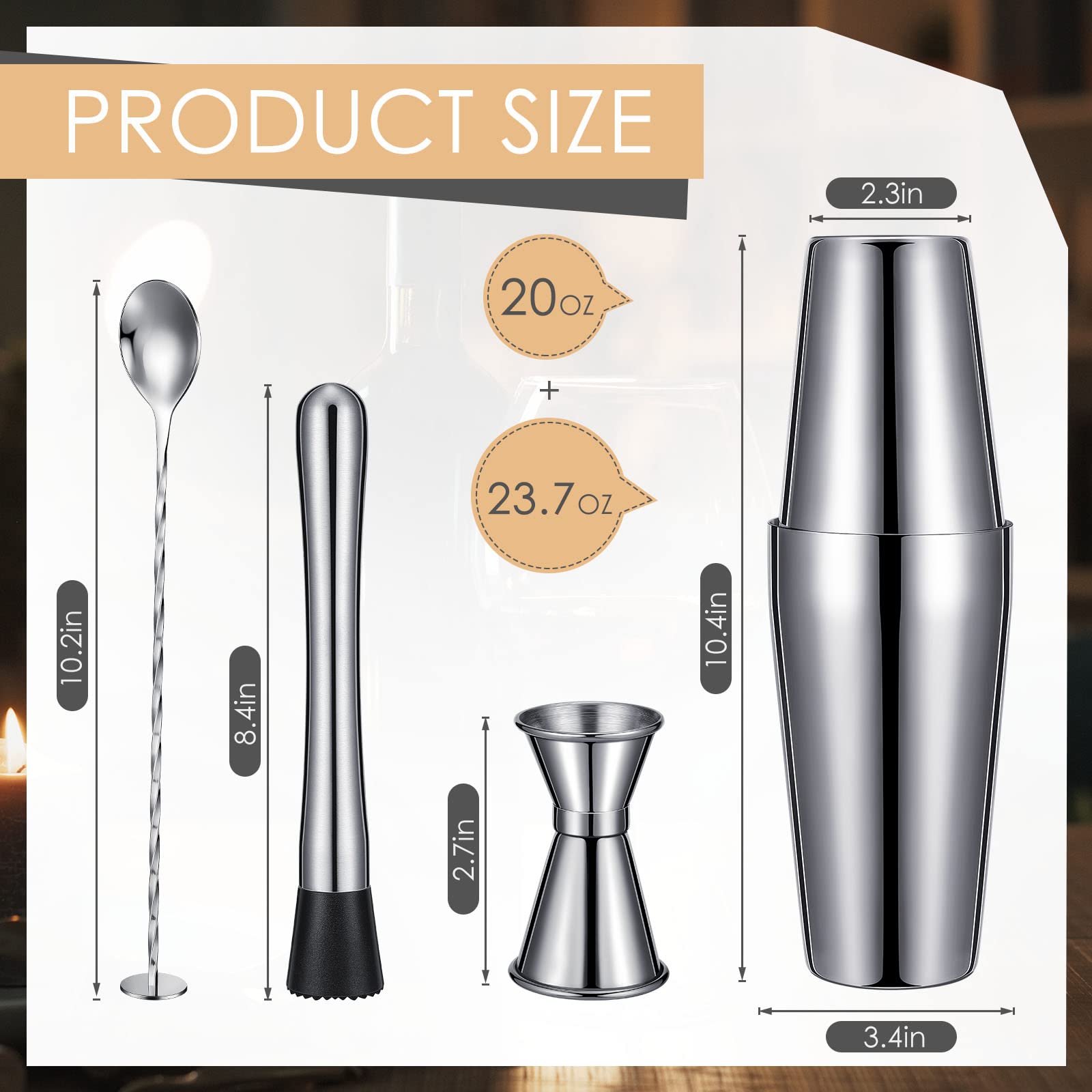 16 Pieces Cocktail Shaker Set Including 4 Pcs Boston Shaker 4 Pcs Muddler 4 Pcs Double Measuring Jigger 4 Pcs Mixing Spoon Stainless Steel Bartender Kit Bar Accessories for Home Bar Wine Lovers Gift