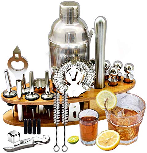 Cocktail Shaker Set with Stand, 24 Pcs 750mL Stainless Steel Cocktail Bartender Kit with Stand,Perfect Home Bartending Kit and Martini Cocktail Shaker Set for an Awesome Drink Mixing Experience