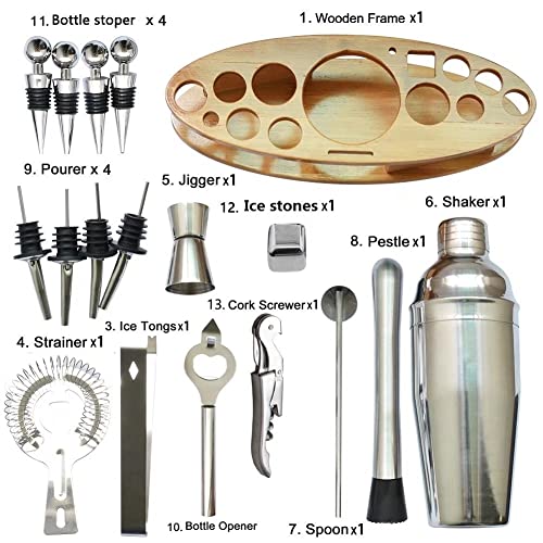 Cocktail Shaker Set with Stand, 24 Pcs 750mL Stainless Steel Cocktail Bartender Kit with Stand,Perfect Home Bartending Kit and Martini Cocktail Shaker Set for an Awesome Drink Mixing Experience