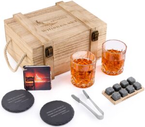 whisky stones and glasses set gift for men, pack of 2 whiskey glasses 10 oz, 8 granite chilling rocks, 2 slate coasters, cocktail cards in wooden crate special present for husband father boyfriend him