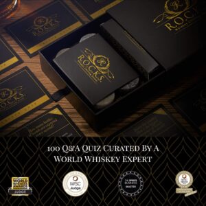 The Original ROCKS Whiskey Chilling Stones & Whiskey Trivia Quiz Gift Set - 6 Handcrafted Premium Granite Round Sipping Rocks - 100 Quiz Q&A for Whiskey Lovers - Fun Fact Stories & More, Great Gift!