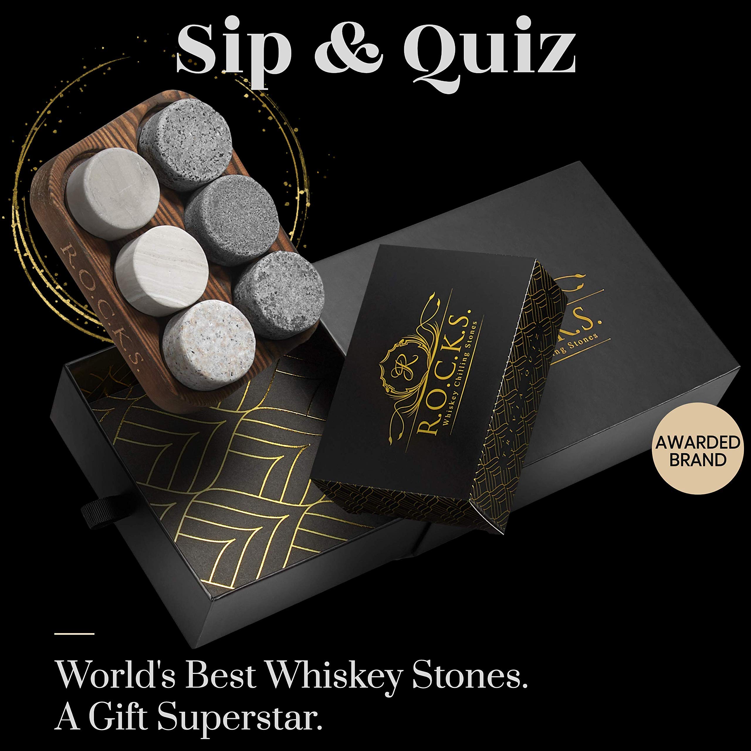 The Original ROCKS Whiskey Chilling Stones & Whiskey Trivia Quiz Gift Set - 6 Handcrafted Premium Granite Round Sipping Rocks - 100 Quiz Q&A for Whiskey Lovers - Fun Fact Stories & More, Great Gift!