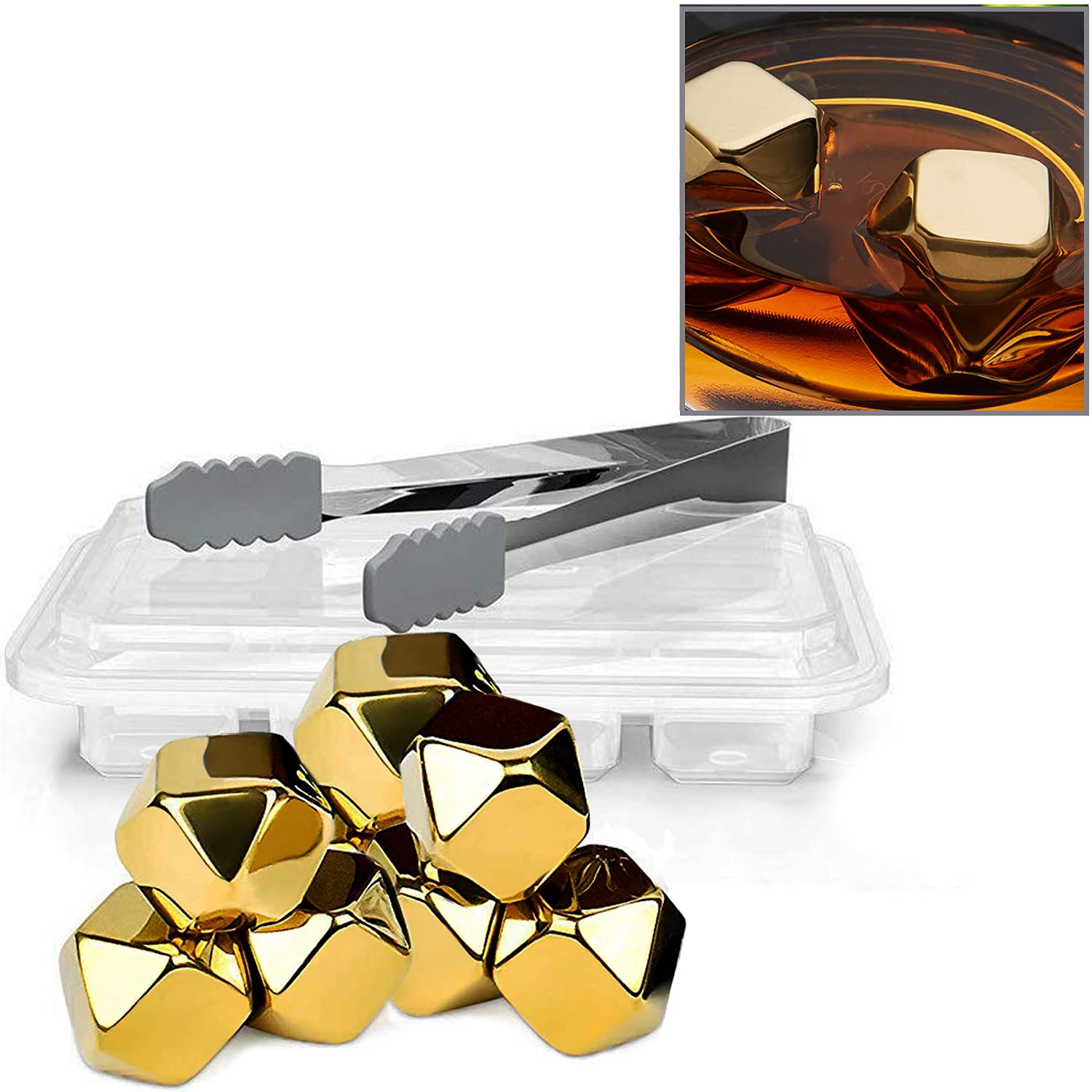 KEISSCO Stainless Steel Chilling Cubes Reusable Ice Cube Whiskey Stones for Drinks Beverage Jumbo Chilling Stones Set with Ice Tongs and Freezer Storage Tray for Whiskey, Gold Color Edition (8 Pack)