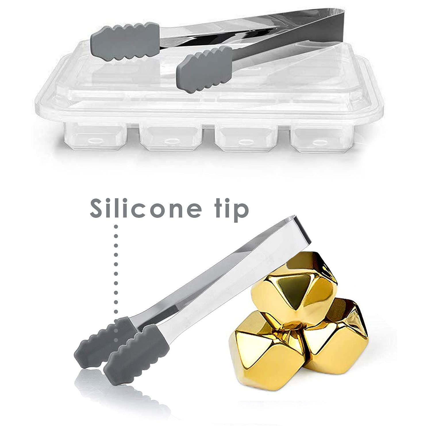 KEISSCO Stainless Steel Chilling Cubes Reusable Ice Cube Whiskey Stones for Drinks Beverage Jumbo Chilling Stones Set with Ice Tongs and Freezer Storage Tray for Whiskey, Gold Color Edition (8 Pack)