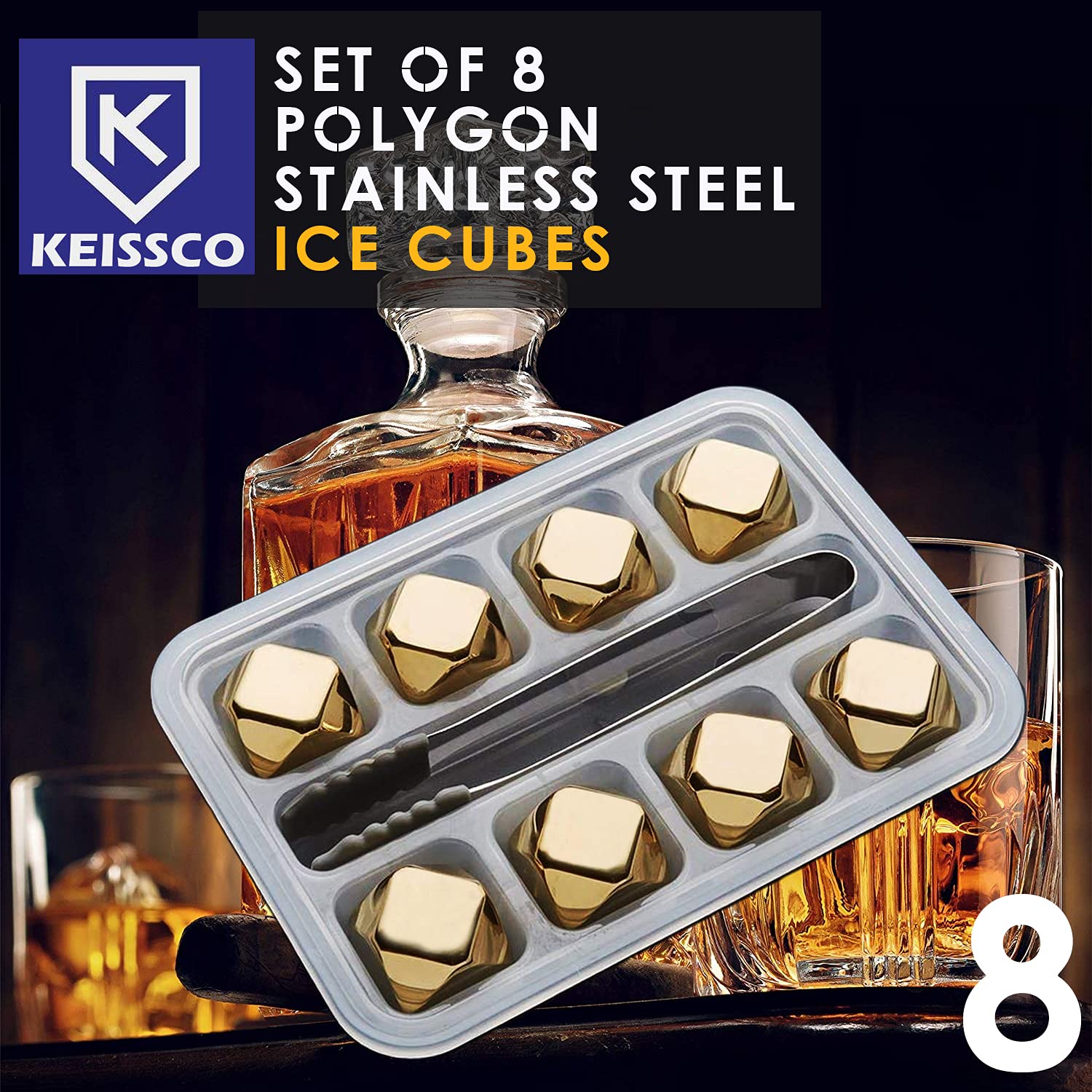 KEISSCO Stainless Steel Chilling Cubes Reusable Ice Cube Whiskey Stones for Drinks Beverage Jumbo Chilling Stones Set with Ice Tongs and Freezer Storage Tray for Whiskey, Gold Color Edition (8 Pack)