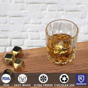 KEISSCO Stainless Steel Chilling Cubes Reusable Ice Cube Whiskey Stones for Drinks Beverage Jumbo Chilling Stones Set with Ice Tongs and Freezer Storage Tray for Whiskey, Gold Color Edition (8 Pack)