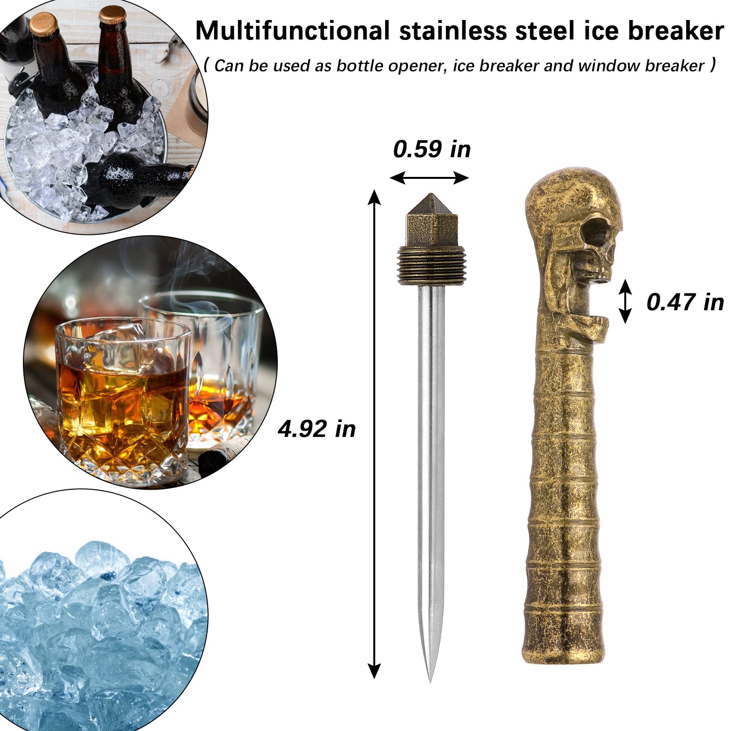 Bottle Opener Bar Ice Hockey Maker Non-Slip Zinc Alloy Handle Stainless Steel Ice Pick With Safety Cover Professional Ice Breaker For Picnics,Camping,Outdoor Activities,Bar,Kitchen (Aeneous)