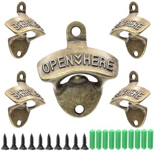 harskiyer 5pcs bronze retro beer bottle opener wall mounted, zinc alloy beer bottle opener kit bar bottle opener for home bar party kitchen with mounting screws