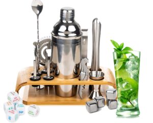 bartender kit - at home mixology bar kit, bartender set w/jigger for bartending, 25oz martini cocktail shaker, strainer, mixer spoon, pourers, muddler, corkscrew, bamboo stand -21 piece bar supplies