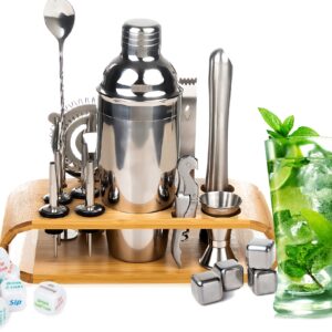 Bartender Kit - at Home Mixology Bar Kit, Bartender Set w/Jigger for Bartending, 25oz Martini Cocktail Shaker, Strainer, Mixer Spoon, Pourers, Muddler, Corkscrew, Bamboo Stand -21 Piece Bar Supplies