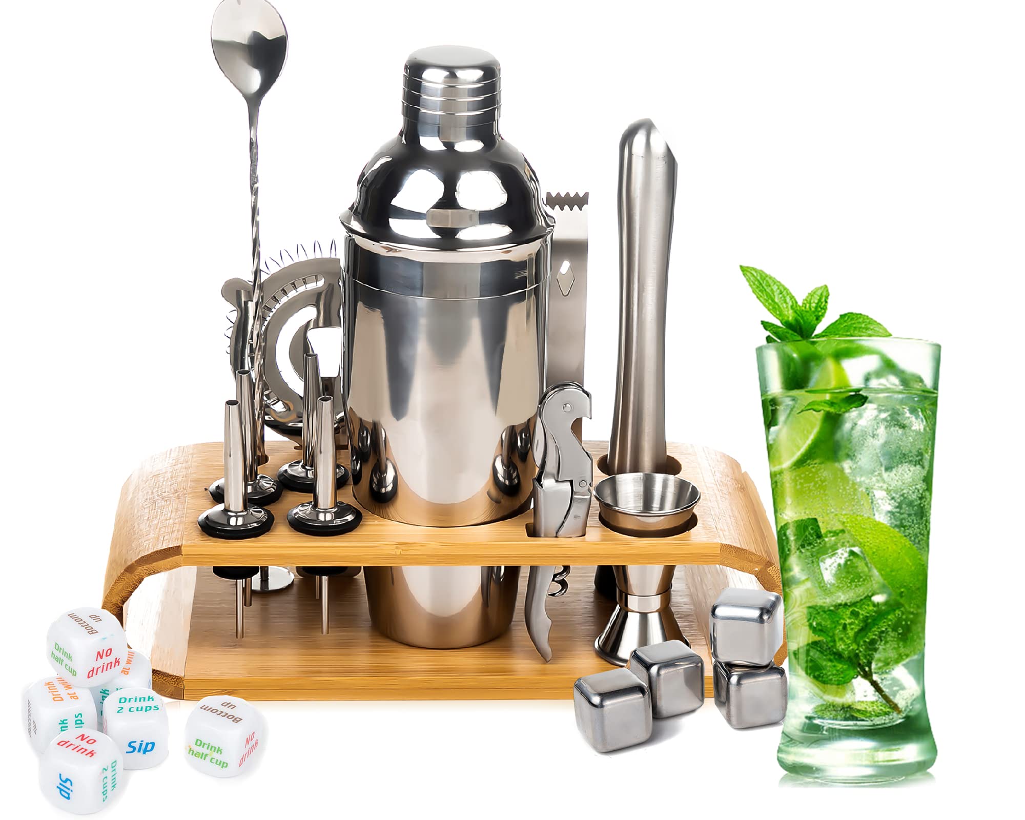 Bartender Kit - at Home Mixology Bar Kit, Bartender Set w/Jigger for Bartending, 25oz Martini Cocktail Shaker, Strainer, Mixer Spoon, Pourers, Muddler, Corkscrew, Bamboo Stand -21 Piece Bar Supplies