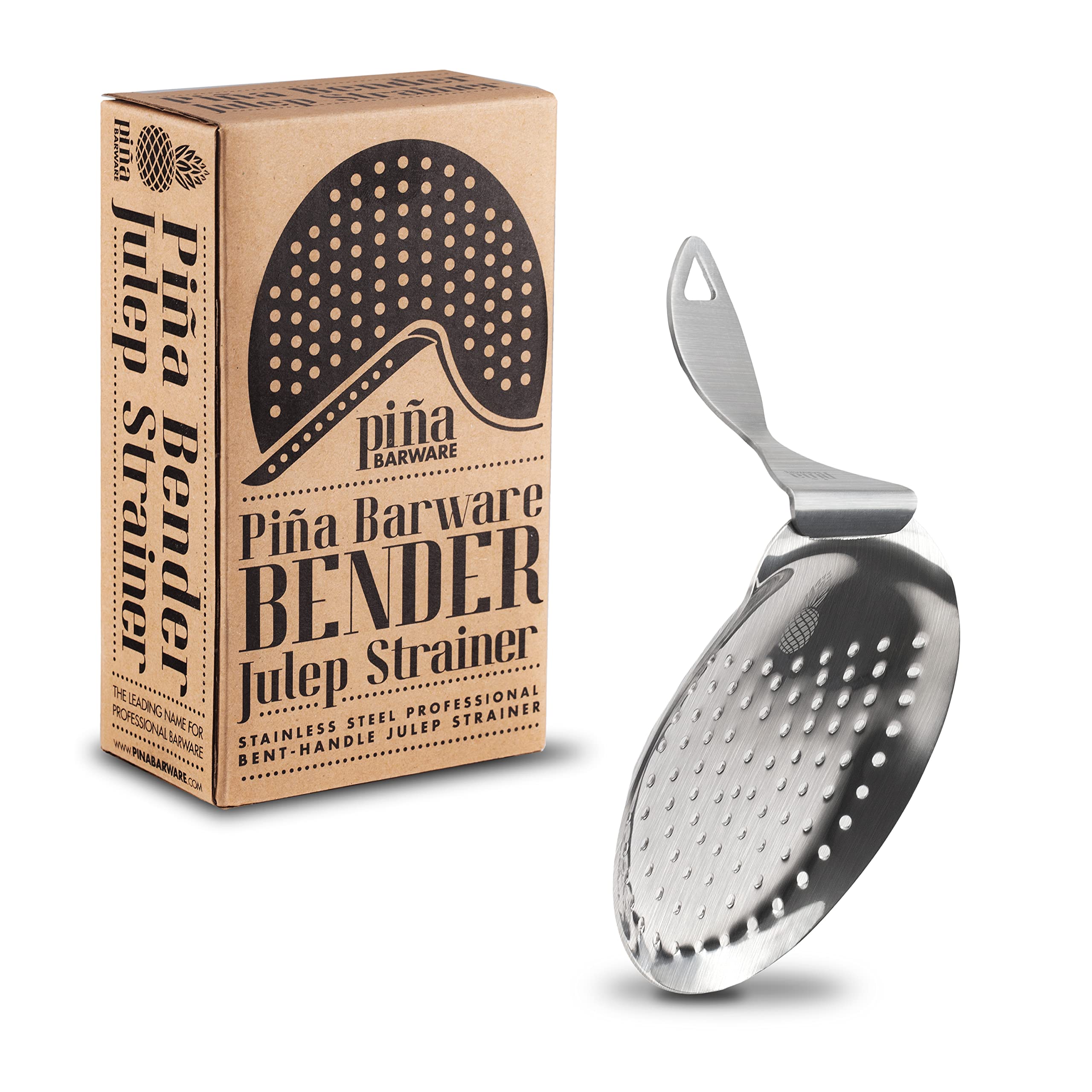 Piña Barware's The Bender - Stainless Steel Commercial Bent Handle Julep Style Cocktail Bar Strainer, Brushed Finish