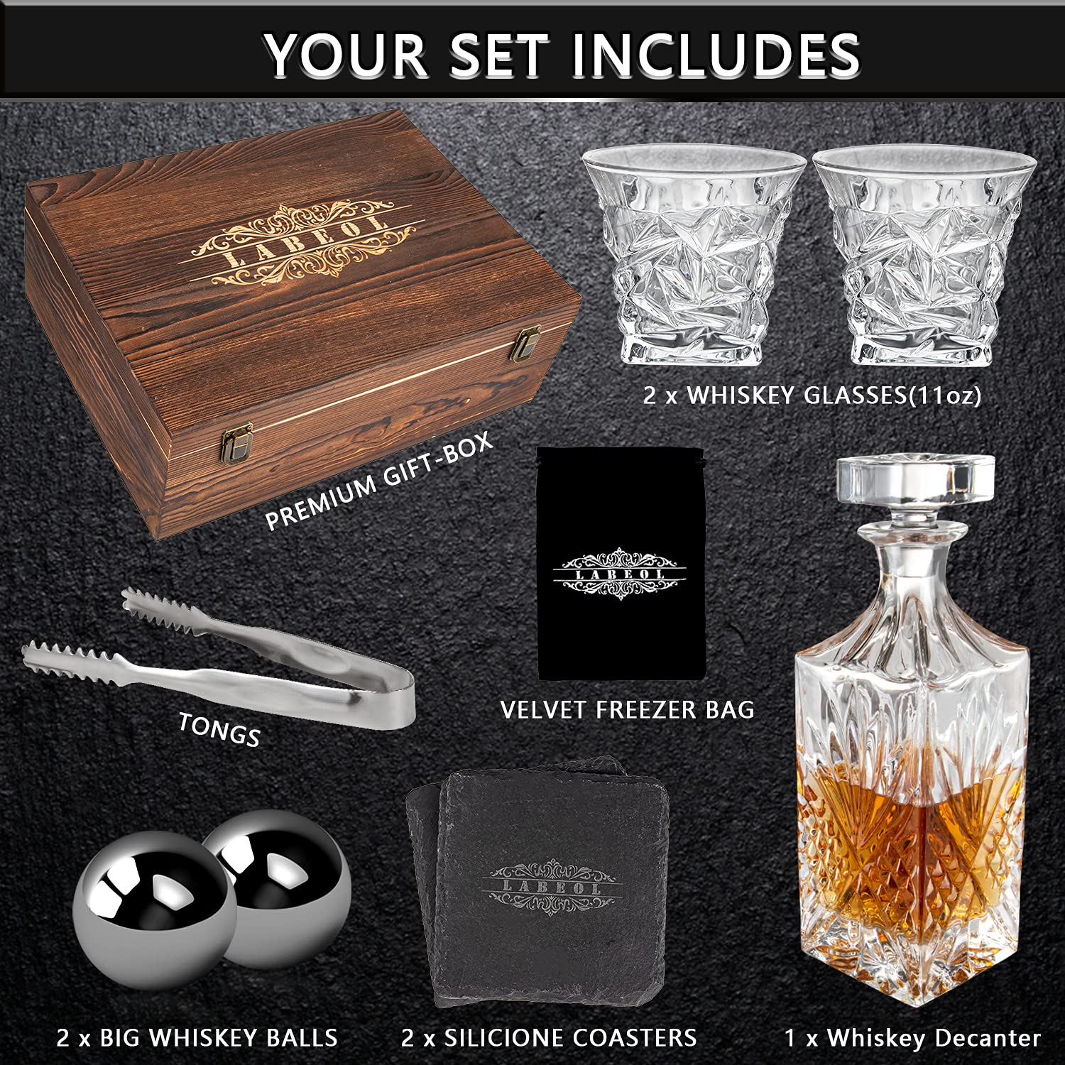 Whiskey Decanter Set Whiskey Stones Gift Set for Men Whisky Glasses in Gifts Box 2 Reusable Stainless Steel Whisky Ball 2 Crystal Whisky Glass 1 Whiskey Decanter for Men Lovers Boyfriend Dads