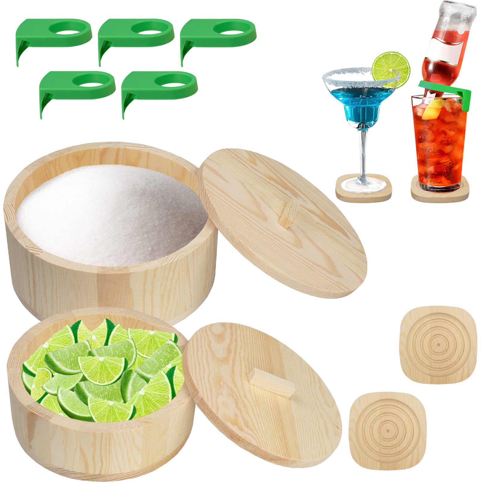 Set of 2 Wood Margarita Salt Rimmer with 2Pcs Coasters and 5Pcs Plastic Drink Clips, LASZOLA Wooden Salt Bar Sugar Rimmer with Lid for Cocktails Bottle Buckle Holders - Bar Accessories for Home Bar