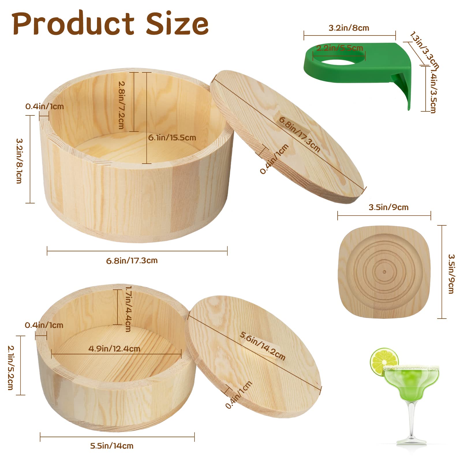 Set of 2 Wood Margarita Salt Rimmer with 2Pcs Coasters and 5Pcs Plastic Drink Clips, LASZOLA Wooden Salt Bar Sugar Rimmer with Lid for Cocktails Bottle Buckle Holders - Bar Accessories for Home Bar