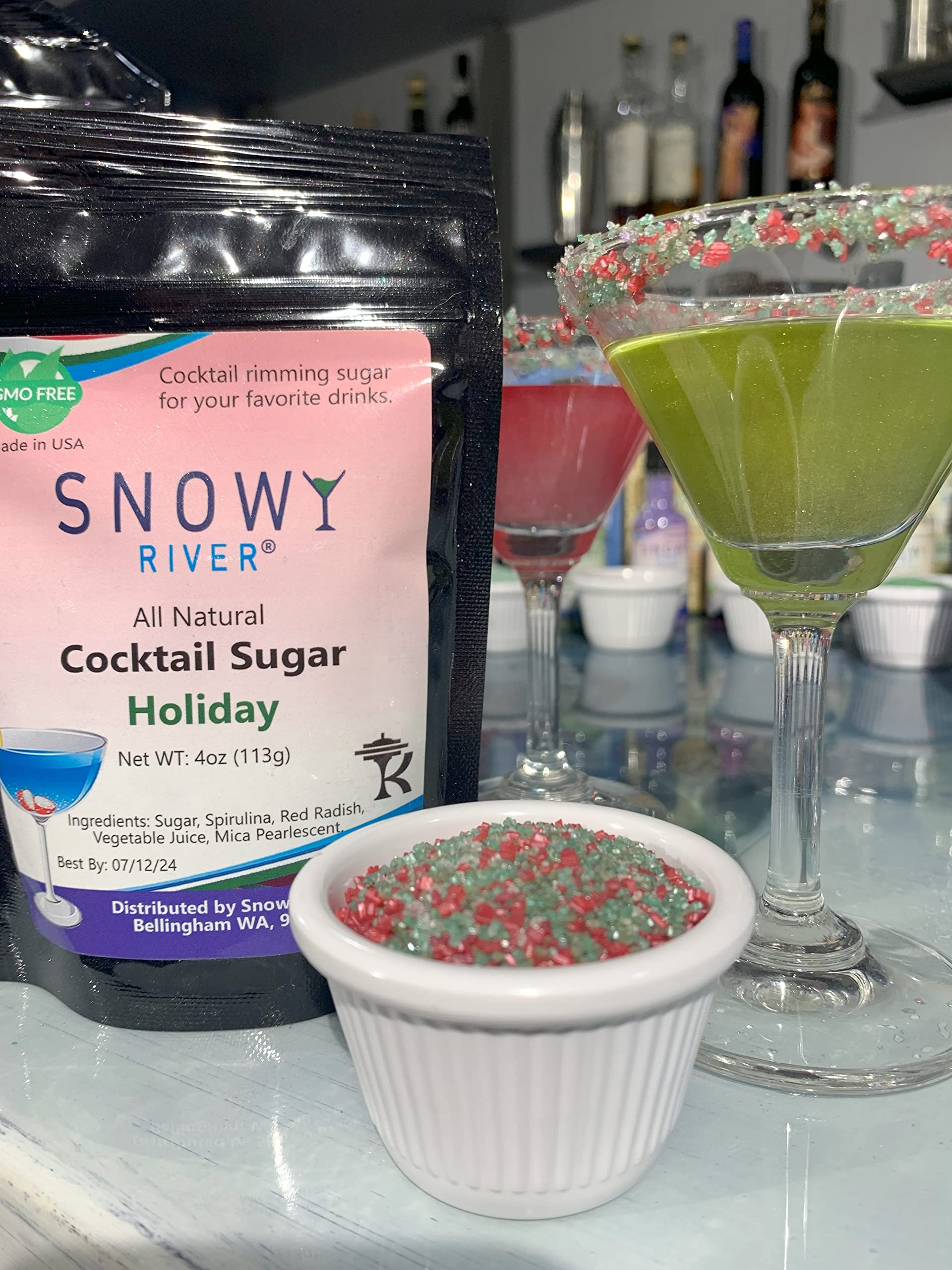 Snowy River Holiday Cocktail Sugar - Kosher All Natural Festive Cocktail Rimmer and Coffee Rimmer (Holiday, 4oz Bag)