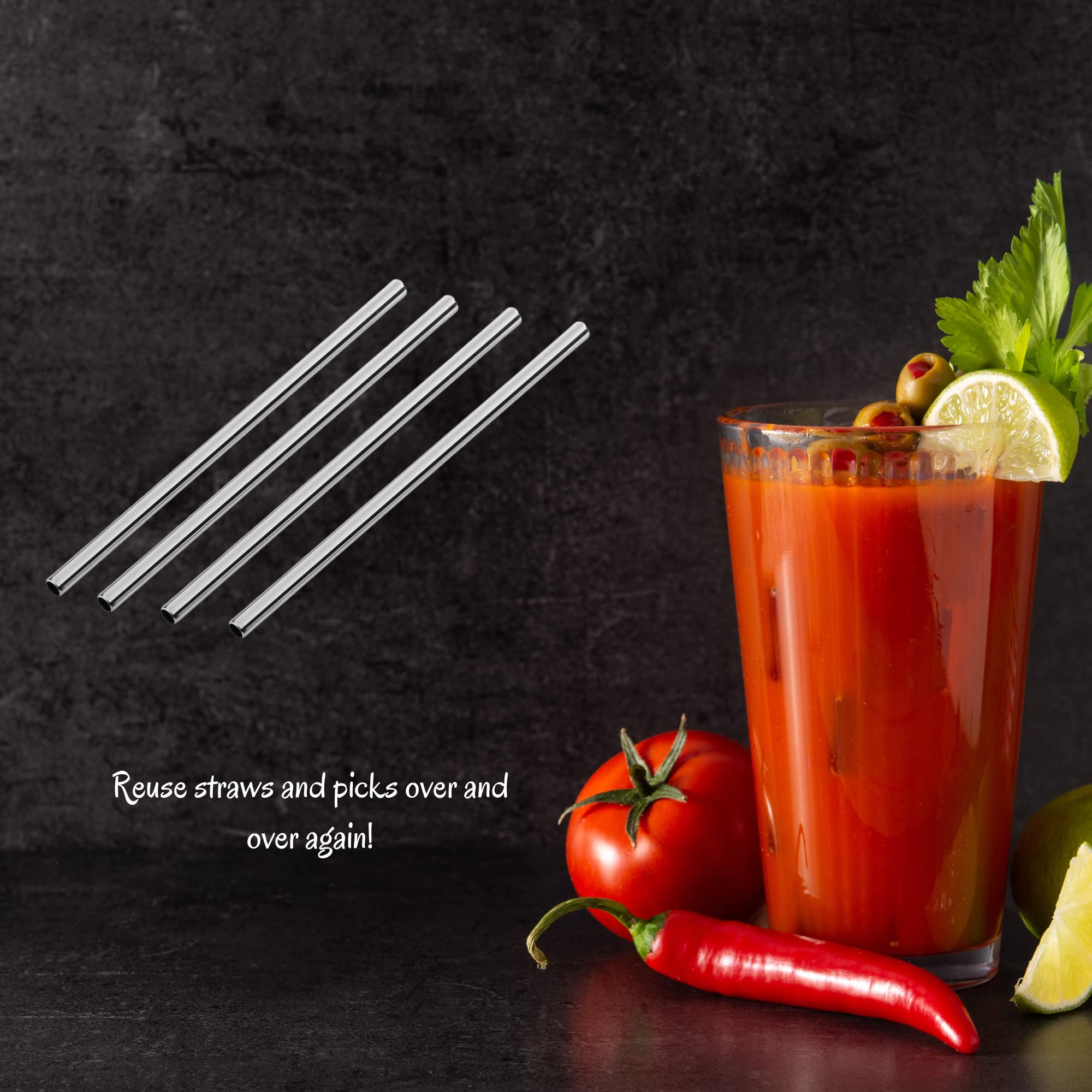 Bloody Mary Bar Supplies Set, Includes Glass Rimmer, 4 Stainless Steel Reusable Cocktail Picks, and 4 Stainless Steel Reusable Straws with Cleaning Brush. Gift Set, Bartender Kit, Drink Bundle.