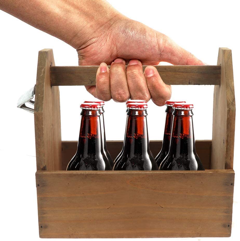 BIGTREE Handcraft Wooden Bottle Caddy with Built-In Metal Bottle Opener, 6-Pack Drinking Holder for Beer, Soda and Other Beverages