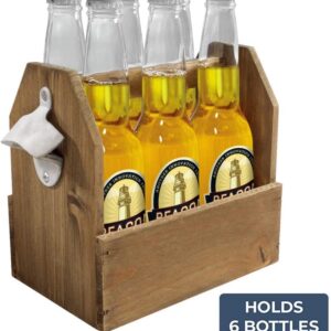 BIGTREE Handcraft Wooden Bottle Caddy with Built-In Metal Bottle Opener, 6-Pack Drinking Holder for Beer, Soda and Other Beverages