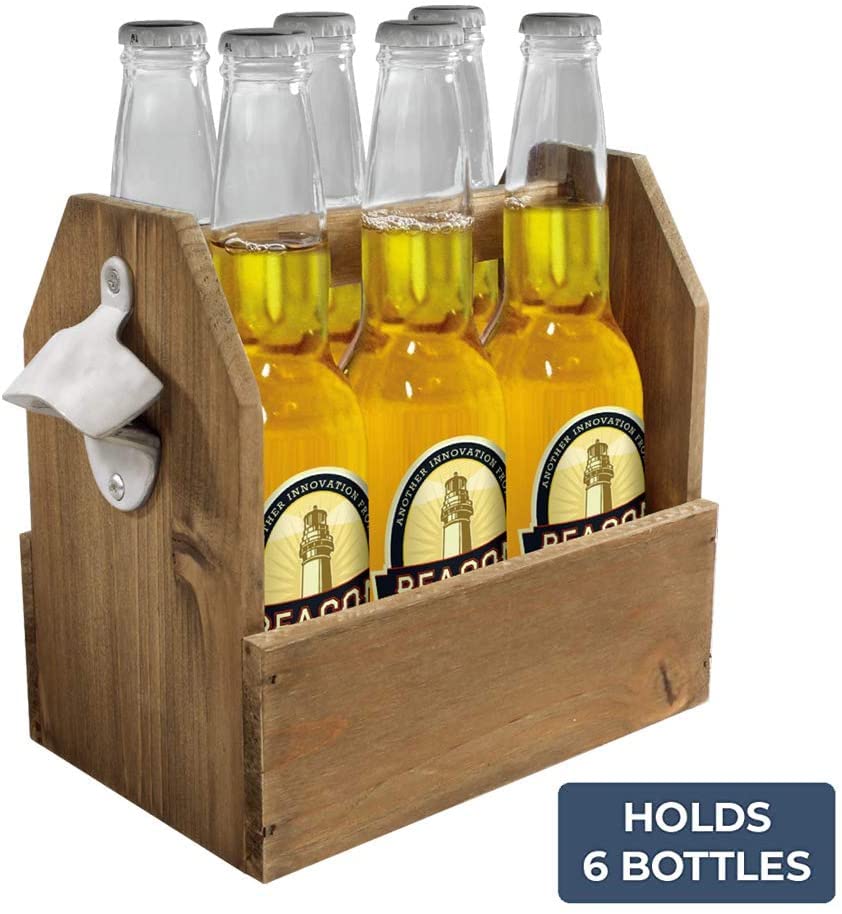 BIGTREE Handcraft Wooden Bottle Caddy with Built-In Metal Bottle Opener, 6-Pack Drinking Holder for Beer, Soda and Other Beverages