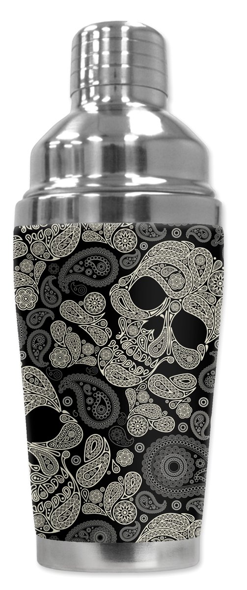 Mugzie "Paisley Skulls" Cocktail Shaker with Insulated Wetsuit Cover, 16 oz, Black