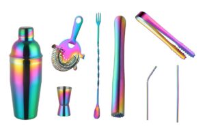 buyer star cocktail shaker bar set,rainbow juice shaker, 25oz martini shaker, fast cooling drink, 8-piece bartender kit drink bartender stick tool set