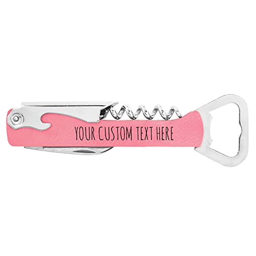 Personalized Add Custom Text Heavy Duty Stainless Steel Laser Engraved Beer Bottle Faux Leather Leatherette Wine Opener (Pink)