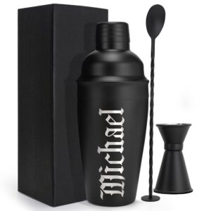 custom bartender kit, engraved cocktail shaker set, personalized w/name, 18 oz black stainless steel martini shaker w/strainer, jigger & spiral cocktail spoon, gifts for men