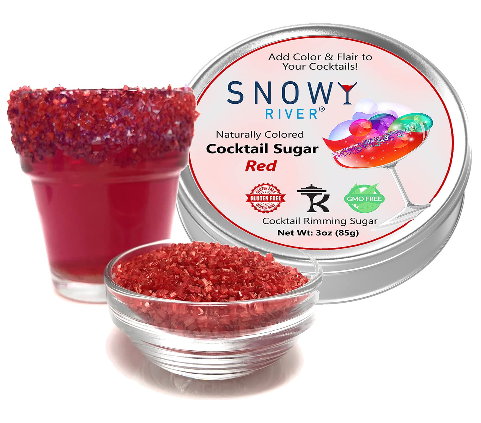 Snowy River Cocktail Sugar 3oz Gift Pack, All Natural Beverage Rimmer for Cocktails & Margaritas in Gift Rimmer Tin, Drink Decorating (Red)