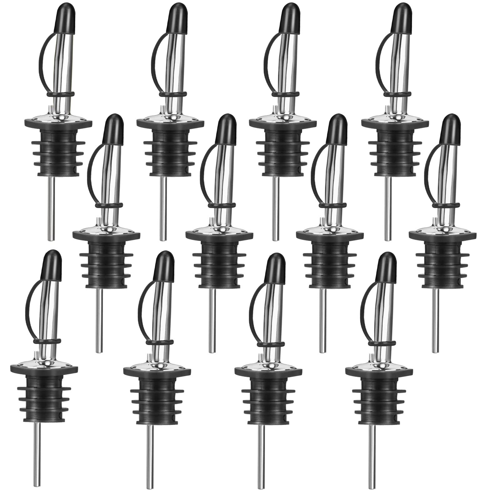 Stainless Steel Liquor Bottle Pourers Vinegar Tapered Spout Speed Pourer with Sealed Rubber Dust Caps for Wine, Cocktail and Whisky, Oil (12 Pack Silvery)