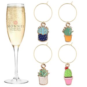 p425 assorted tiny cactus plants wine charms glass marker for party with velvet bag- set of 4