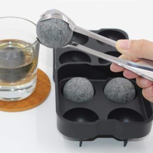 Whiskey Stones Set include 4 Large Sphere Granite Whiskey Rocks + Silicone Ice cube tray + Stainless Steel Tong. Large and Reusable whiskey stone could chill your Whiskey & Beverage longer