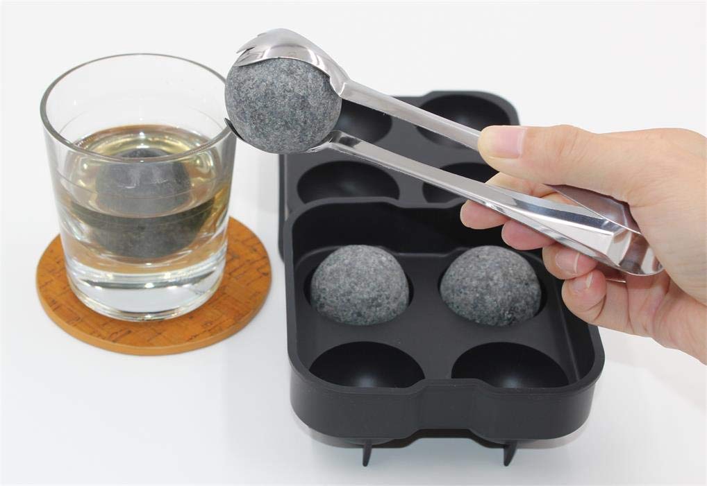 Whiskey Stones Set include 4 Large Sphere Granite Whiskey Rocks + Silicone Ice cube tray + Stainless Steel Tong. Large and Reusable whiskey stone could chill your Whiskey & Beverage longer