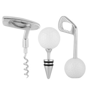 bottle opener wine stopper set, golf shaped corkscrew wine opener, wine beer openers, champagne stoppers for bar wedding celebration club, golf gift sets for golfer enthusiast