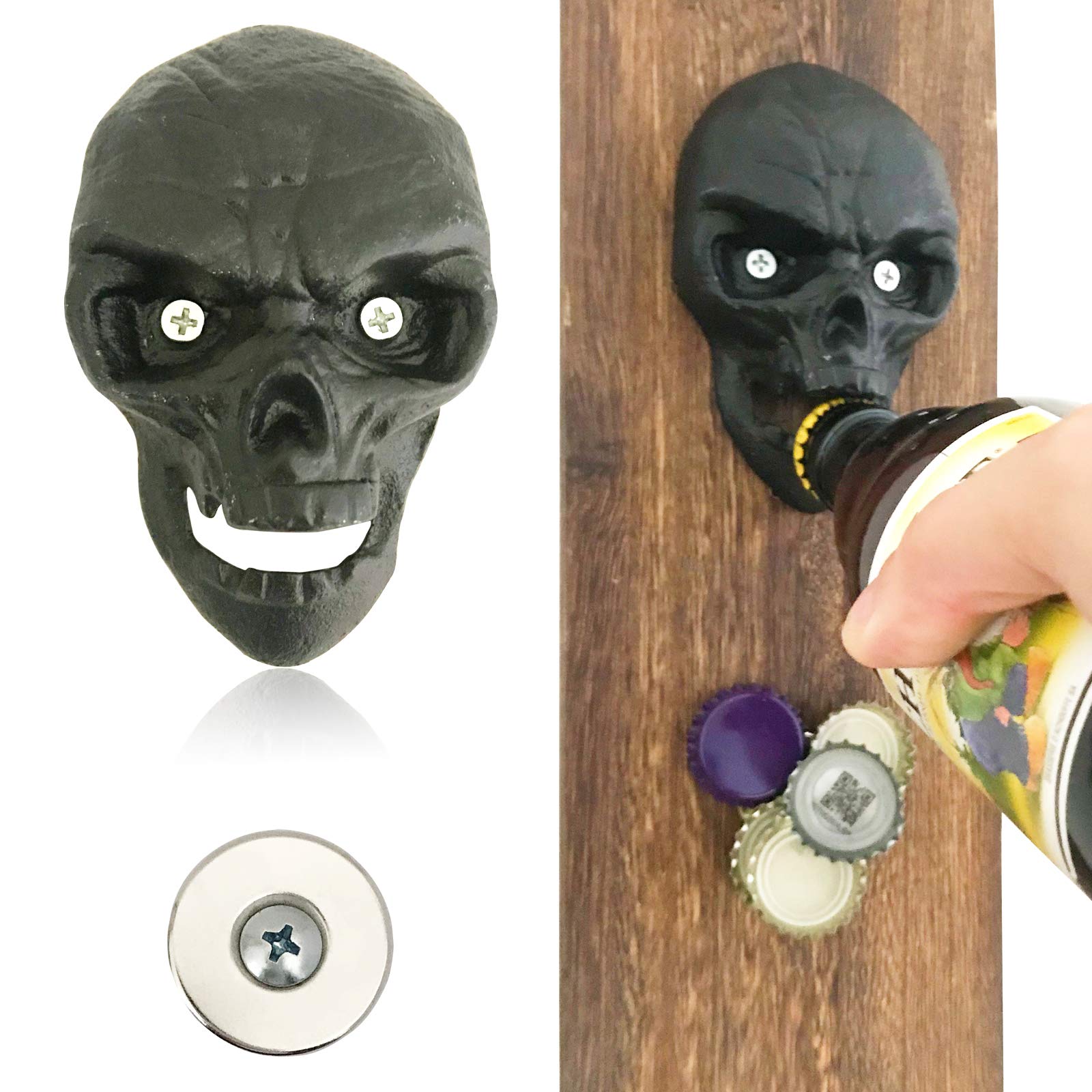 WODEGIFT Skull Bottle Opener, Wall Mounted Cast Iron With Magnetic Cap Catcher Bottle opener,Wall Mount Bottle opener Magnet (black)